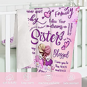 Sister Birthday Gifts from Sister Blanket, Sister Gifts Soft Throw Blanket from Sister for Bestie, to My Sister Purple Flannel Blankets and Throws Christmas Valentines Day Gifts for Women, 50”x60”