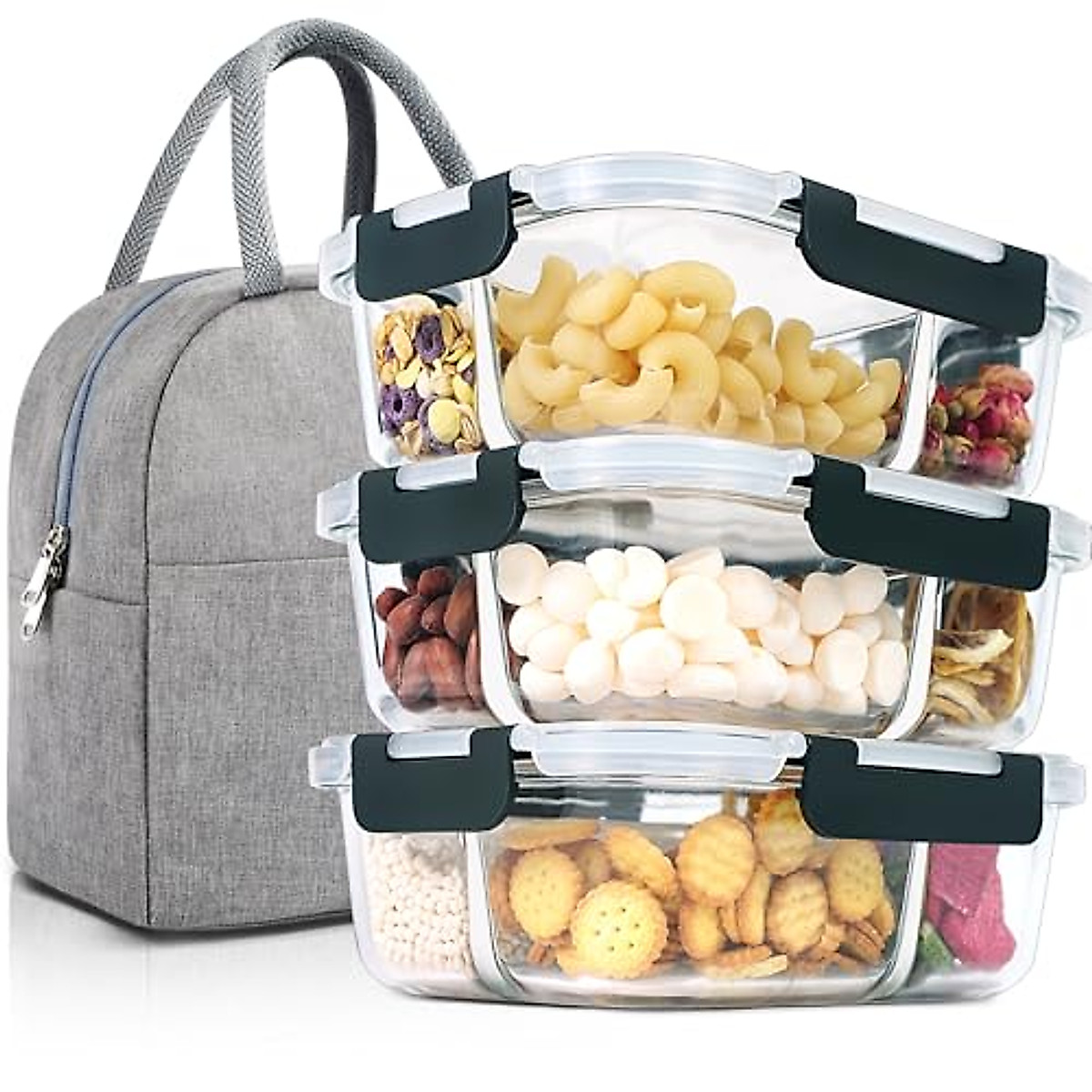 DAS TRUST 3 Pack Bento Box Glass Meal Prep Containers 3 Compartments Glass Food Storage Containers with Lids Meal Prep Bowls Lunch Box Glass Food Prep Containers Lunch Container Oven Safe