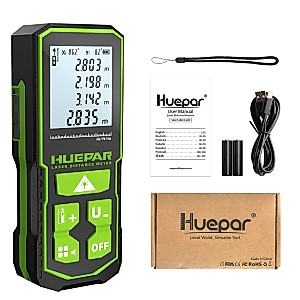Huepar Laser Distance Measure Green Beam 328Ft, Digital Meter with Angle Sensor, LCD Backlit Display, Rechargeable Laser Measurement Tool M/in/Ft/Ft+in, Pythagorean/Area/Volume Measuring-S2-LM100