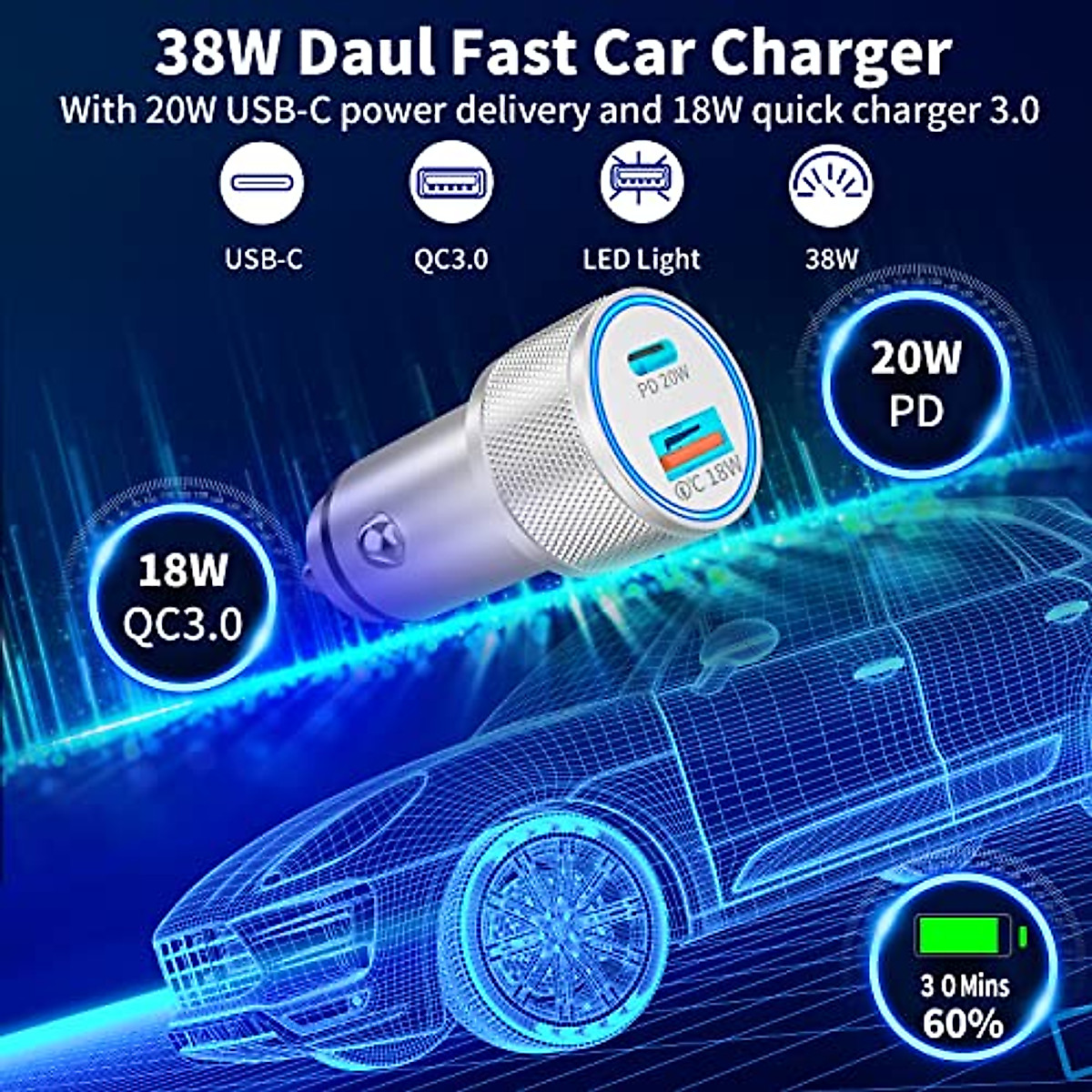 Car Charger,Apple MFi Certified iPhone Car Charger 38W USB C Car Charger IDiSONCABLE All Metal Dual Port PD&QC Car Charger Adapter with 2Pack Lightning Cable for iPhone 14 13 12 11 XR X XS iPad AirPod