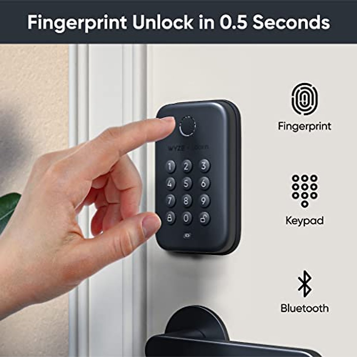 Wyze Lock Bolt, Fingerprint Keyless Entry Door Lock, Smart Bluetooth Deadbolt Replacement, Backlit Keypad, IPX5 Weatherproof, in-App History and Scheduled Access, Auto-Lock, BHMA, UL 20-Min Fire Rated