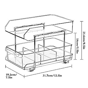 Frogued Desktop Rack 2 Tier Clear Organizer with Dividers, Multi-Purpose Slide-Out Storage Container for Bathroom and Kitchen Counter, Medicine Cabinet Storage Bins, Under Sink Closet Organization Cl
