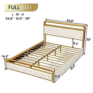 ADORNEVE LED Bed Frame Full with Storage Headboard,Full Size Platform Bed Frame with Charging Station,Bed Frame with Drawers,Velvet Tufted Headboard,Noise-Free,Creamy White & Gold
