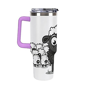 LLUTSNTH 40 Oz Vacuum Tumbler with Violet Handle Leakproof Insulated Tumbler Cartoon Black White Sheep Stainless Steel Travel Mug with Lid And Straw Coffee Cup Cute Water Bottles Cup Holder Friendly