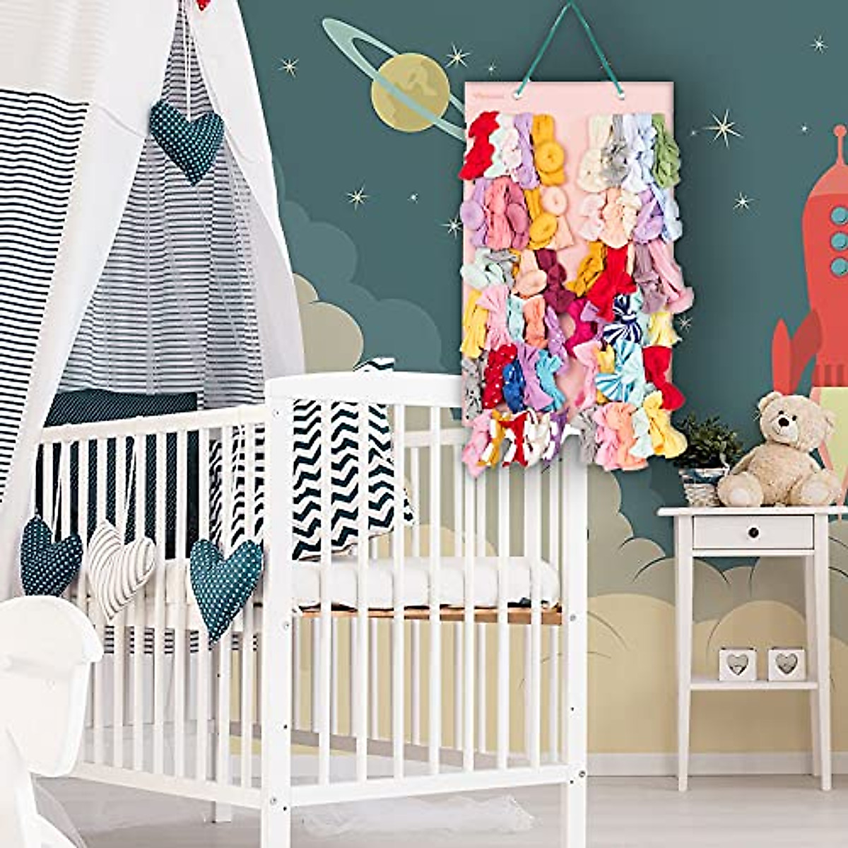 Hanging Baby Girl Headbands Storage Organizer, Newborn Headbands and Bows Holder(Large 12 Snap Band,Pink+Green)