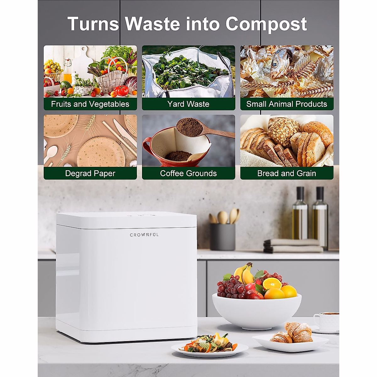 CROWNFUL Smart Waste Kitchen Composter with 3.3L Capacity, Turning Food Waste to Compost, Electric Compost Bin, Compost Machine Odorless for Countertop, Counter, Indoor, Food Cycler Composter, White