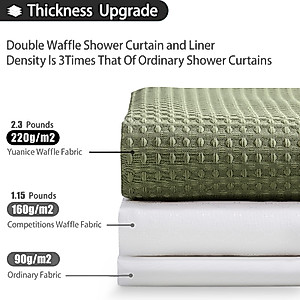 Yuanice No Hooks Needed Waffle Fabric Stall Shower Curtain 36x72 with Snap in Liner,Sage Green Narrow Shower Curtain Set with See Through Top Window Hotel Grade Decorative Spa Like Bath Curtain.