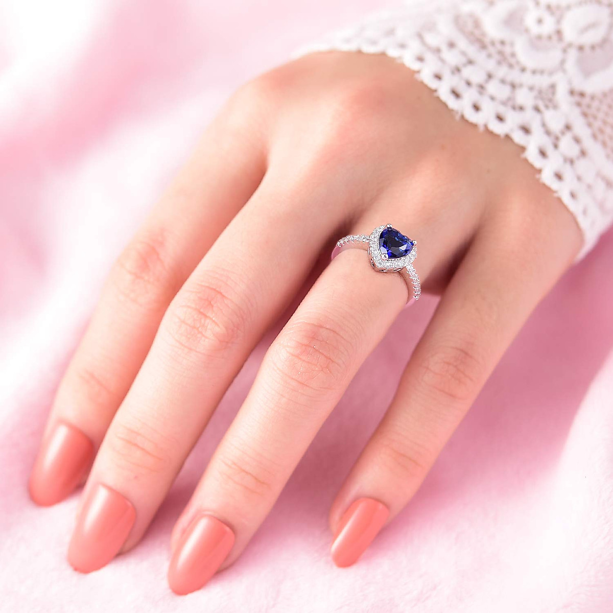 MADEONE 18K white Gold Plating Blue Sapphire Heart love Halo rings Gemstone Excellent Cut Cubic Zirconia CZ Jewelry Promise Wedding Engagement Ring for Women with Box Packing Size 5-9 (6)