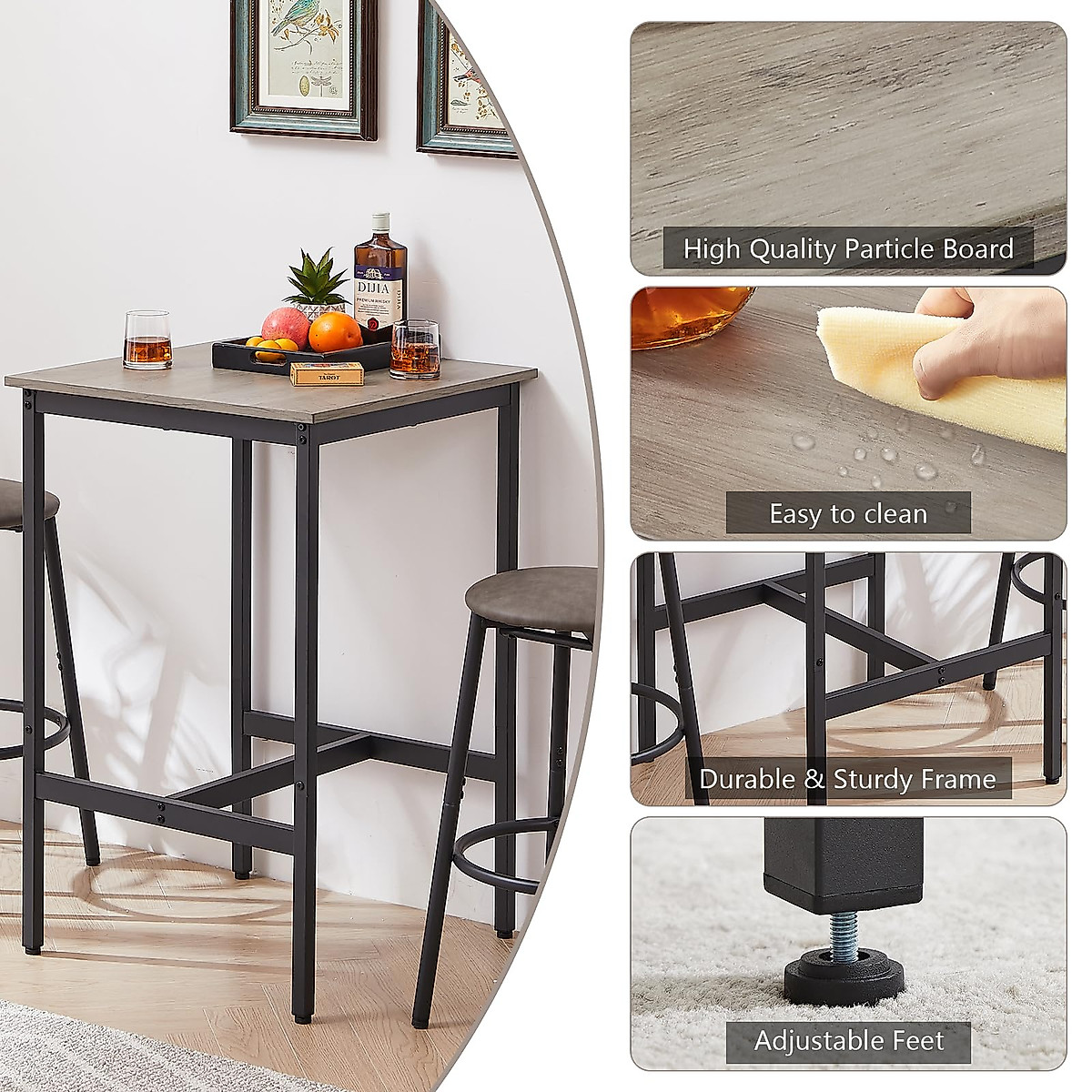 Noskatu 3-Piece Dining Table Set for 2, Modern Bar Table and Chairs Set for Small Space Kitchen Wooden Square Dinette Set with PU Padded Chairs Metal Frame for Apartment Breakfast Nook, Grey