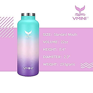 Vmini Water Bottle - Standard Mouth Stainless Steel & Vacuum Insulated Bottle, New Straw Lid with Wide Handle, Gradient Mint+Pink+Purple & 22 oz