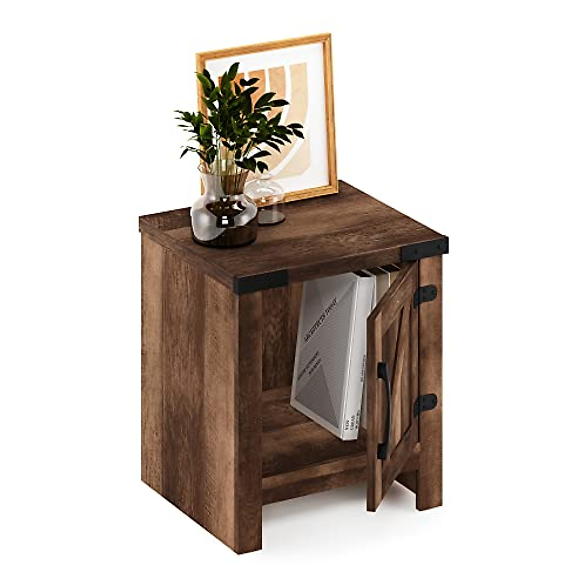 Furinno Jensen Farmhouse End Table with Barn Door for Bedroom, Living Room,Rustic Brown, pack of 1