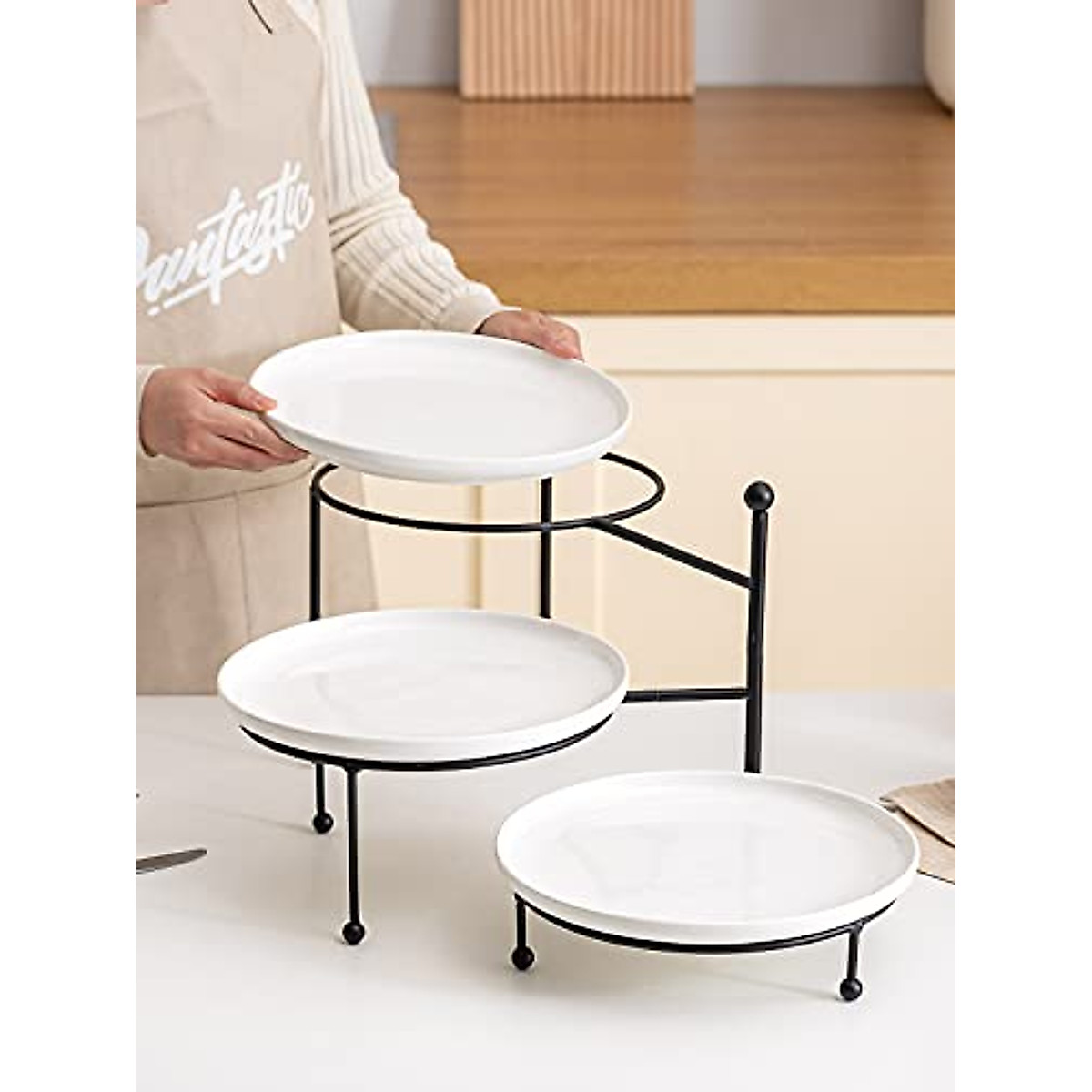 Kanwone 3 Tiered Serving Stand with White Porcelain Plates, Swivel Food Display Stand, 10" x 10" Tier Serving Trays with Black Metal Stand for Entertaining, 3 Tier Dessert Stand