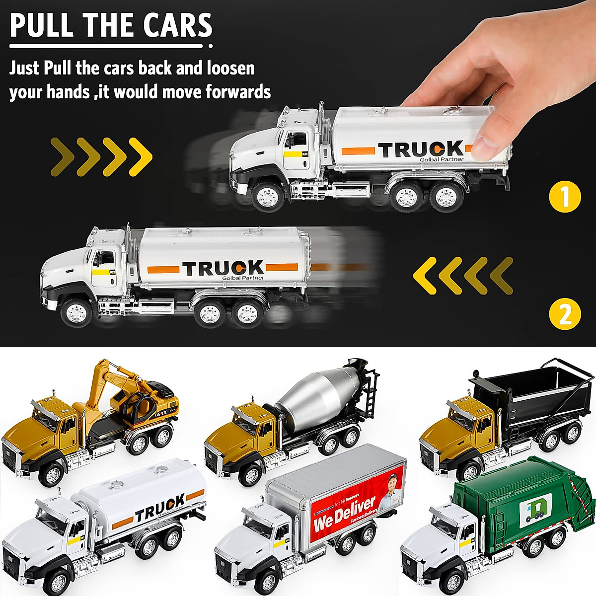 6 Packs Diecast Engineering Construction Transport Vehicles Truck Toys Set 1:50 Scale Pull Back Metal Model Car Garbage Truck Tanker Truck Delivery Truck Dump Truck Digger Truck Mixer Truck for Boys