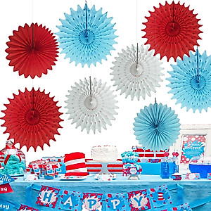 Dr Seuss Cat in The Hat Birthday Decorations Thing 1 and Thing 2 Decorations/Cat in The Hat Baby Shower Decorations/Turquoise Red Tissue Paper Fans for Circus Carnival Birthday Party Decorations