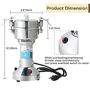 FLKQC High Speed 150g Electric Grain Mill Machine Spice Herb Grinder 850W 70-300 Mesh 28000RPM Stainless Steel Commercial Grade for Kitchen Herb Spice Pepper Coffee (150g)