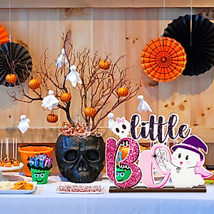 AwserTantue Little Boo Baby Shower Wooden Table Centerpiece, Halloween Glitter Pink and Black Wood Letter Sign for Halloween Party Kids Birthday Baby Shower Gender Reveal Party Decoration Photo Props