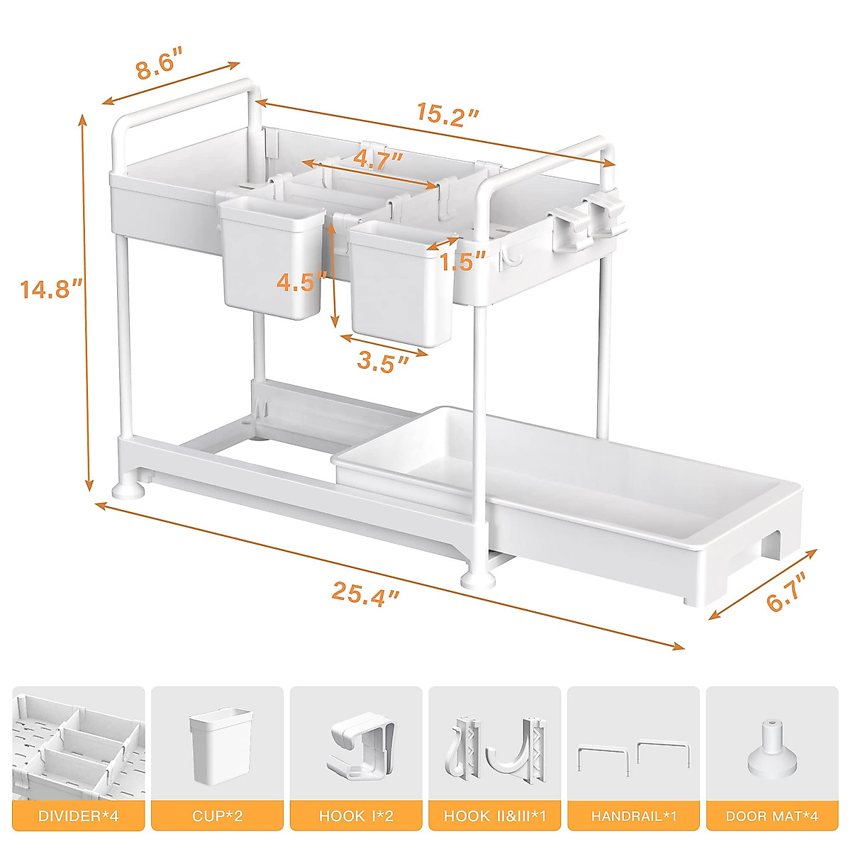 BAYANKHAR Under Sink Organizers and Storage, Multi-purpose Bathroom Organizer Under Sink, 2 Tier Under Kitchen Sink Organizer Sliding Cabinet organizer Basket with Hooks,Hanging Cup,white,2 Pack