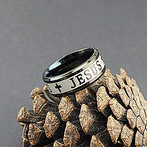 JAJAFOOK Jewelry 8mm Black Stainless Steel Christian Christ Jesus Cross Letter for Unisex Ring