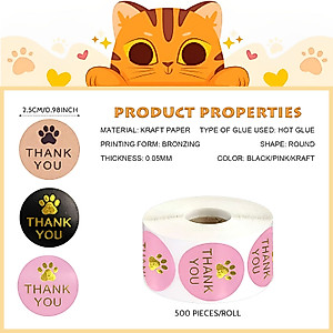 BLMHTWO 1500 Pieces Thank You Stickers for Packaging, Thank You Stickers Small Business Hot Stamping/Kraft Paper 1inch Cat Paw Party Gift Envelope Seals Birthday Gift Box