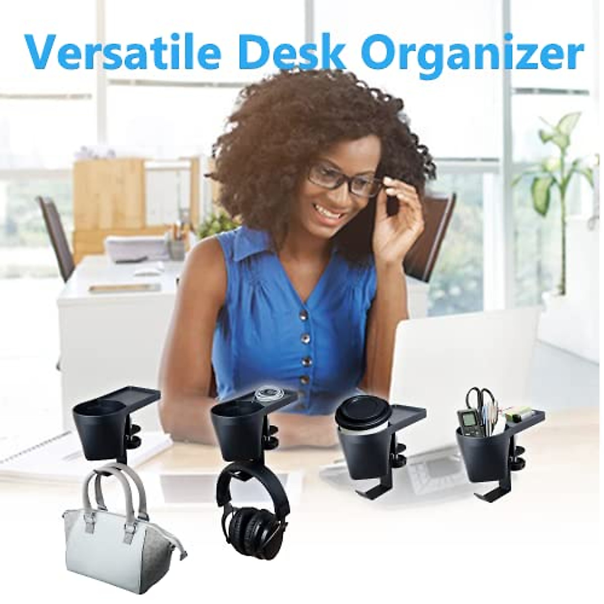 MAX SMART Clamp on Pen Cup Holder for Desk w Backpack Headphone Metal Hook, Desk Organizer Caddy Organize Pencils, Markers, Paper Clips for Drawing Table, Gaming Desk, Drafting Desk and Standing Desk