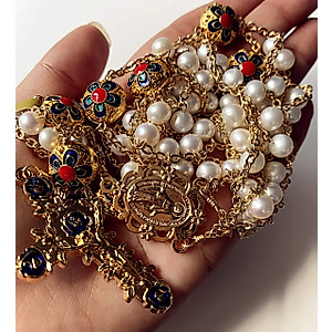 elegantmedical handmade 18KGold-plated Ladder to Heaven pearl & Enamel Beads Catholic Rosary crucifix Necklace box