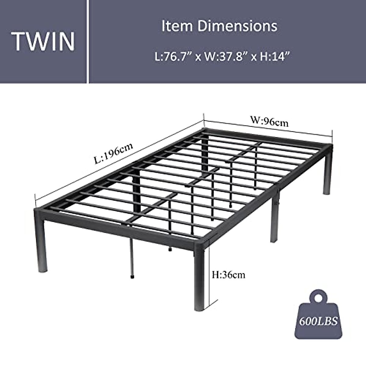 Noillats Metal Platform Twin Bed Frame, 14" Reinforced Platform Bed Frame, No Box Spring Needed, Metal Bed Frame with Storage