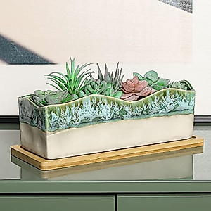 MyGift Rectangular Succulent Planter - Decorative Beige and Green Ceramic Glazed Plant Container Pot with Removable Bamboo Tray