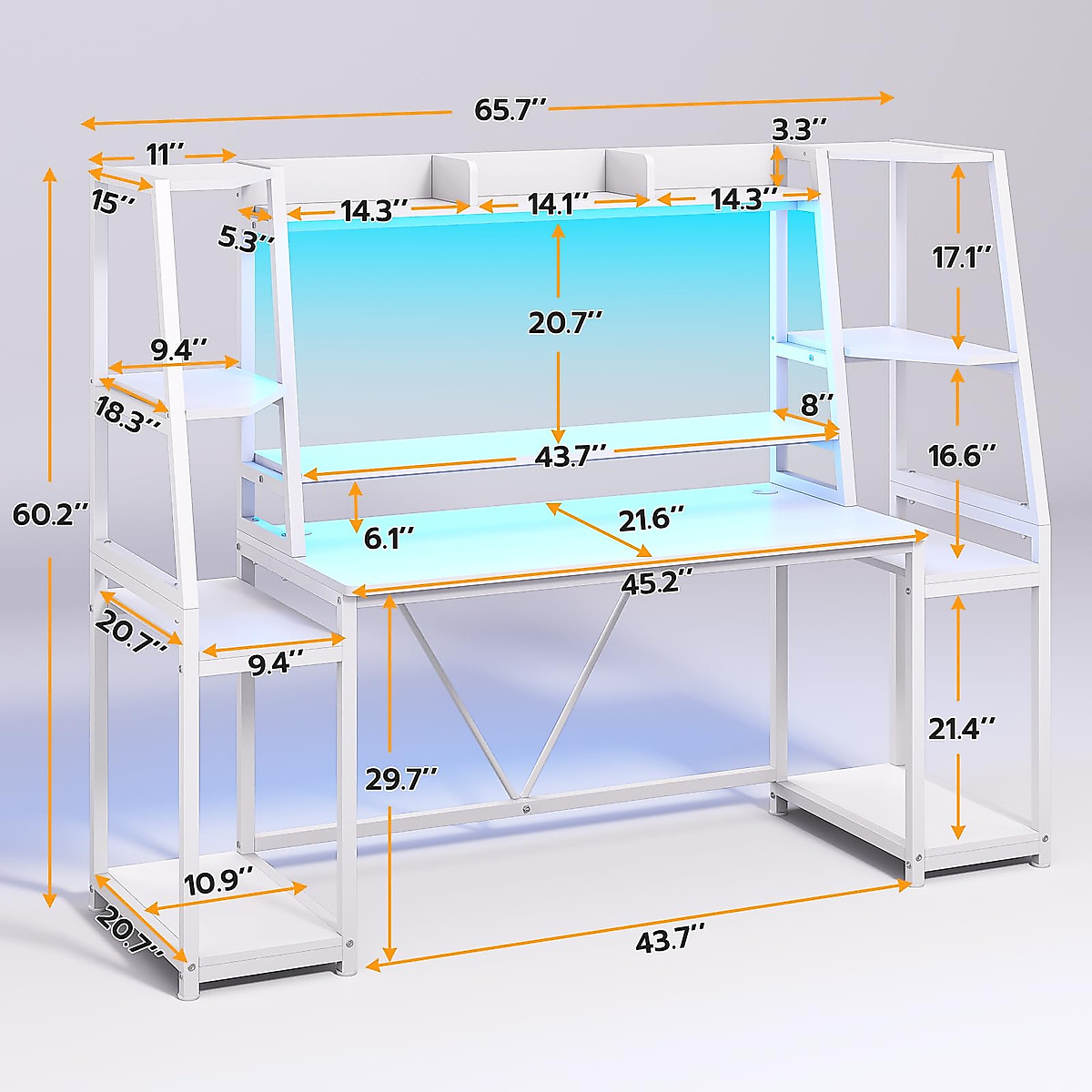 SEDETA White Gaming Desk 65.7'' with LED Lights, Hutch and Storage Shelves, Computer Desk with Monitor Stand, Large PC Gamer Desk Workstation, Ergonomic Gaming Table for Bedroom, Living Room