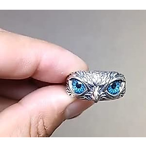 925 Sterling Silver Owl Ring blue or red eyes for men and women animal jewelry (Blue)