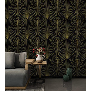 Yasinet Peel and Stick Wallpaper Black and Gold Wallpaper for Bathroom Removable Black Contact Paper Black Geometric Self Adhesive Wallpaper Decorative for Wall Cabinet 17.3”x118.7”