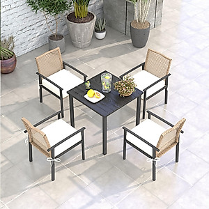 Outsunny 5 Pieces Outdoor Dining Set for 4, Wicker Rattan Patio Furniture Set, Patio Table and Chairs Set with Cushions, Square Metal Table Top, Conversation Set for Garden, Backyard, Deck, Beige