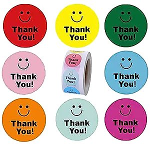 500pc Round Thank You Paper Stickers - Smile Face Design, 1 inch and 8 Colors Sticker, Great for Gift Shop, Bake Shop Decoration, Kid’s Birthdays, Weddings, Party or Small Business