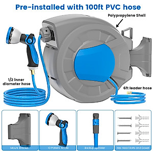 REDUCTUS Retractable Garden Hose Reel, 75ft 1/2'' Wall Mount Retractable Water Reel Automatic Rewind Lock Any Length, 180° Swivel Hose Reel Outside, 10 Pattern Hose Nozzle, A-grey
