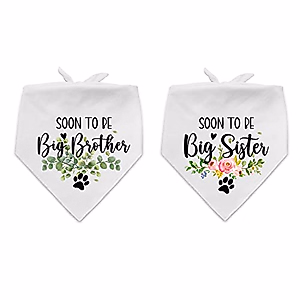 PNTKION 2 Pack Soon to be Big Biother Sister, White Flower Pattern Cotton Pet Dog Bandana, Pet Dog Pregnancy Announcement Gender Reveal Photo Prop for Dog Lovers Owner Gifts