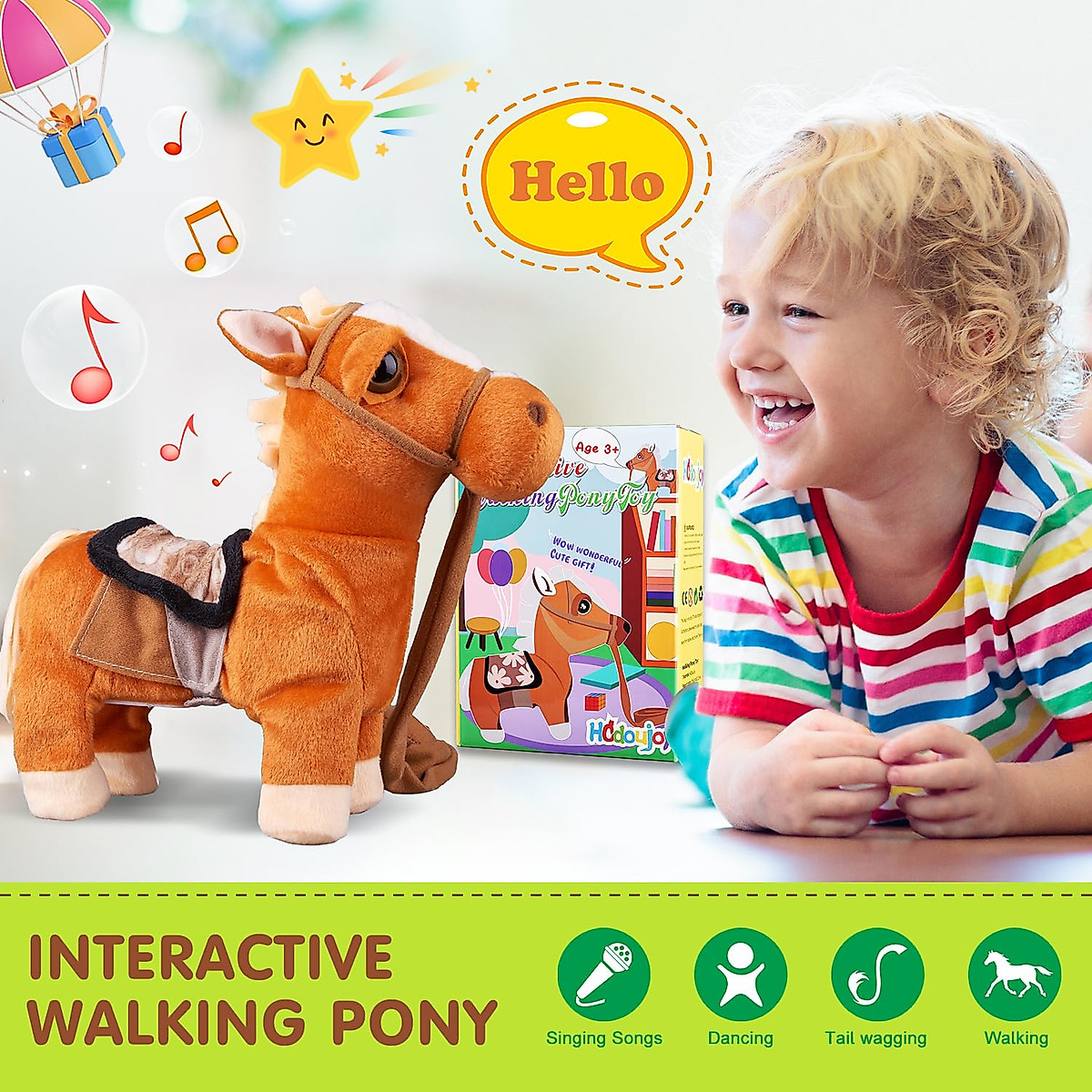 Brown Walking Pony Plush Interactive Pony Toy Singing Dancing Musical Realistic Pony Pet, Stuffed Animal Shaking Leash Horse Toy Head Buttocks Toy for Boys Girls or Toddlers
