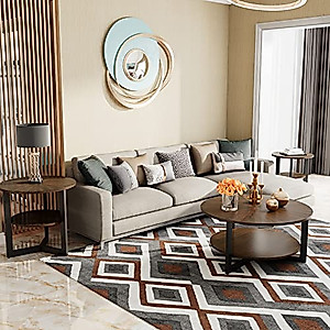 LEEMTORIG 33.5" Round Coffee Table with Storage, Farmhouse Coffee Table for Living Room, Solid Wood Circle Center Table, Rustic Brown Wood Tabletop & Metal Frame, KFZ-1338-NC