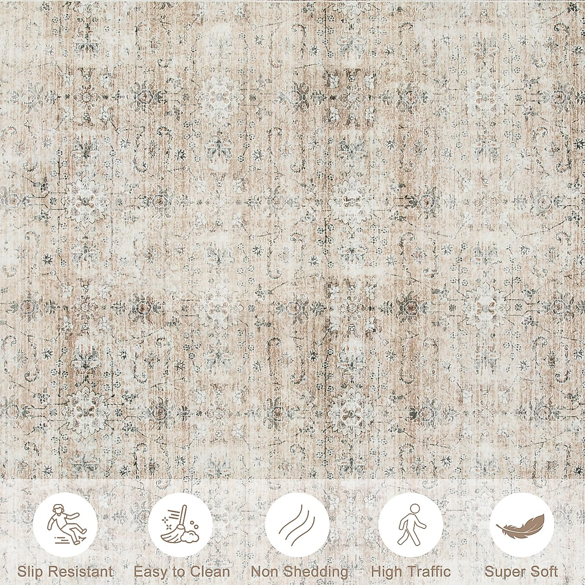 LEEVAN Washable 8x10 Rug Tan Area Rug for Living Room Non Slip Nursery Rug Dining Room Rug Soft Playroom Rug Retro Bedroom Rug for Office