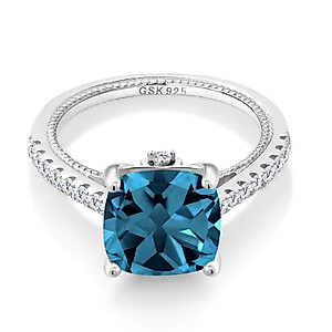 Gem Stone King 925 Sterling Silver London Blue Topaz and White Created Sapphire Ring For Women (5.47 Cttw, Cushion 10MM, Available In Size 5, 6, 7, 8, 9)