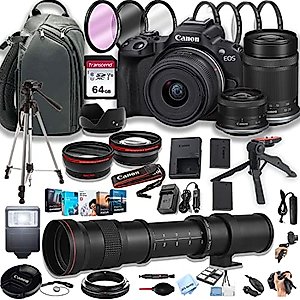 Canon EOS R50 Mirrorless Digital Camera with RF-S 18-45mm f/4.5-6.3 is STM Lens + 55-210mm f/5-7.1 is STM Lens + 420-800mm Super Telephoto Lens + 64GB Memory Cards, Professional Bundle (44pc) (Renewe