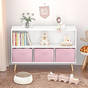 BAOMKONG Kids Bookcase and Bookshelf Multi Shelf Cubby with Collapsible Fabric Drawers Kid's Bookshelf and Toy Storage Organizer for Playroom Nursery Children's Room School, White+Pink