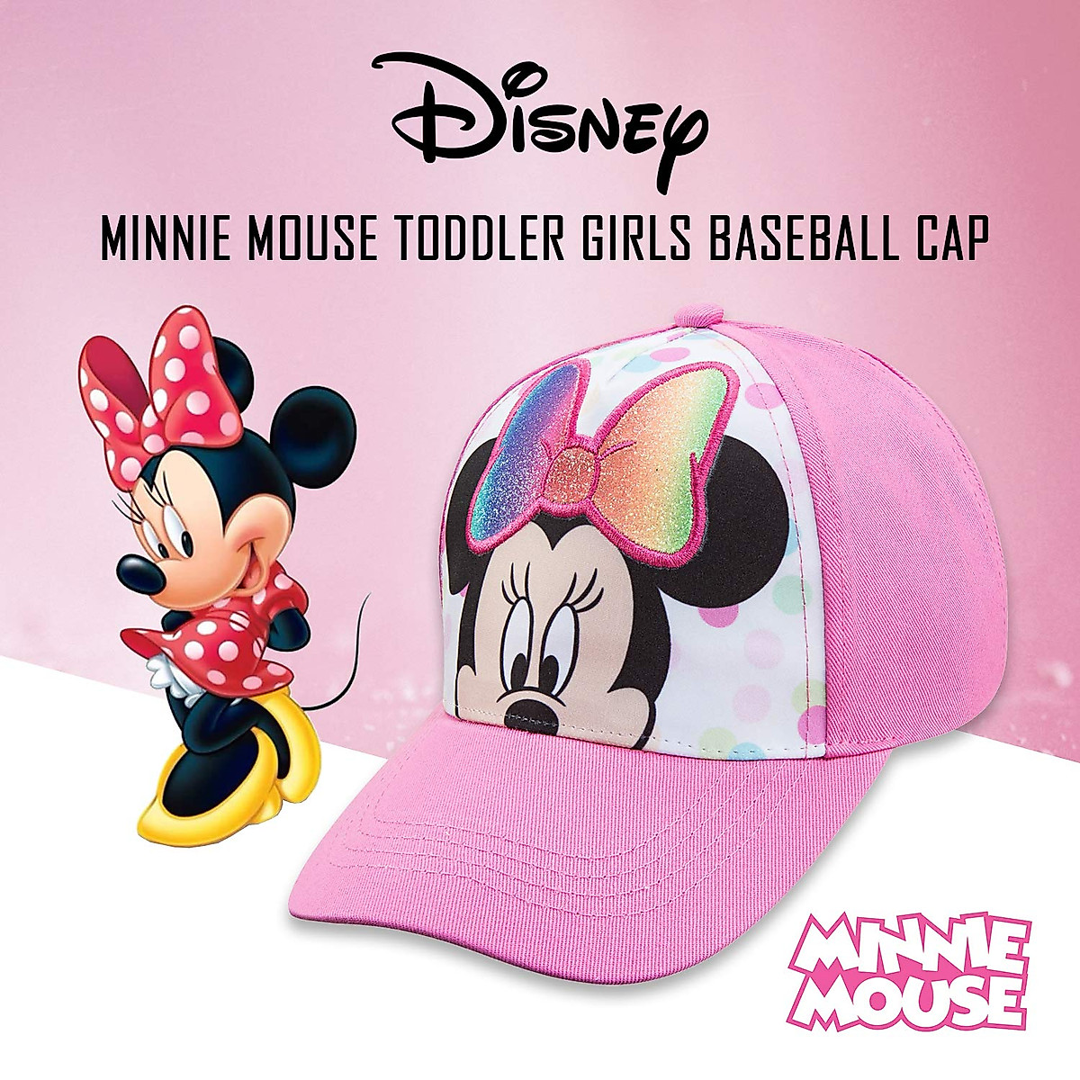 Disney Minnie Mouse Toddler Girls Pink Baseball Cap - Many Styles - Ages 2-4 Years - Adjustable Velcro Closure (Pink/White)