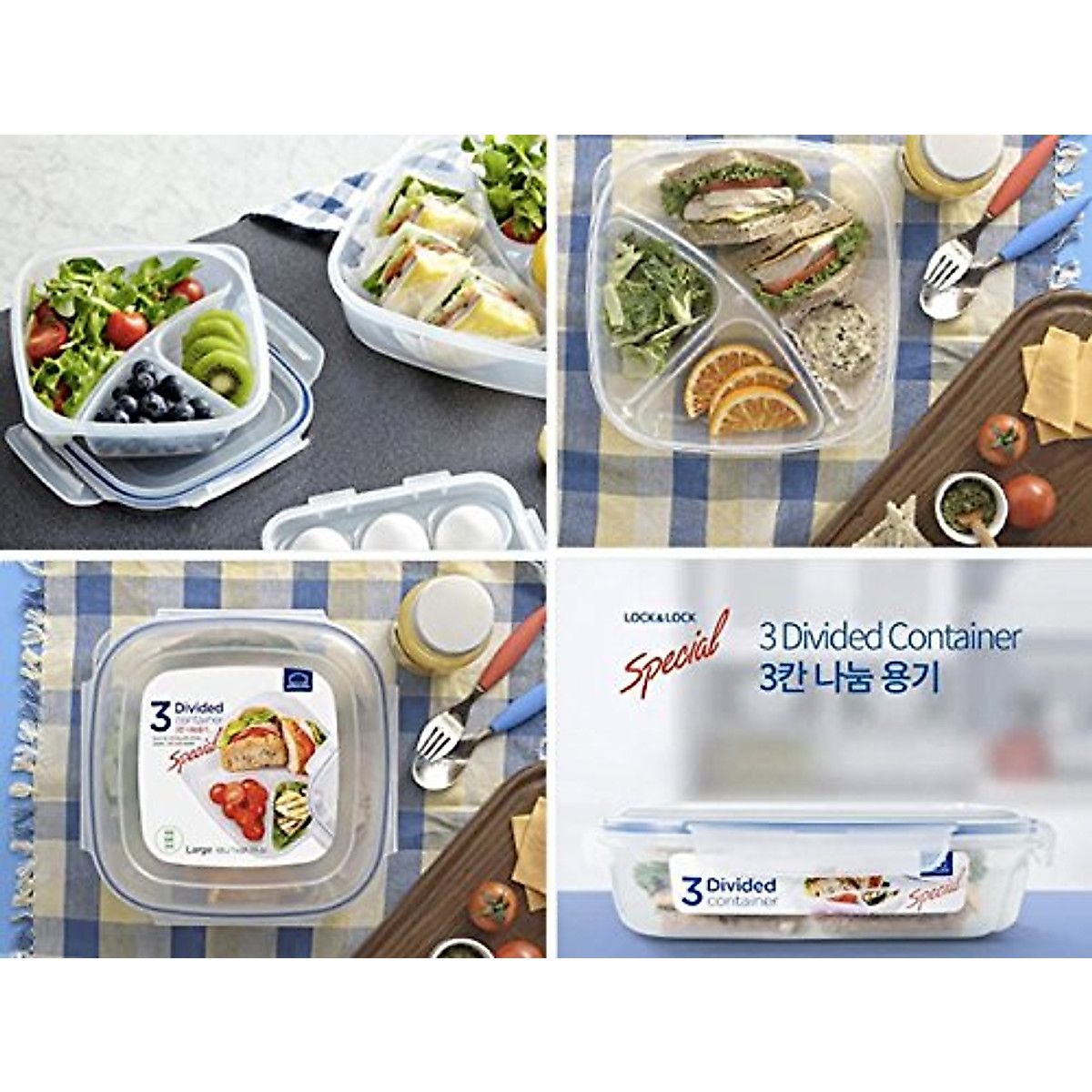 LocknLock Easy Essentials On the Go Meals Square Lunch Box Food Storage, 3 Divided Lunch box, 50-Ounce - Clear