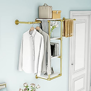 Wall Mounted Pipe Clothing Rack with Shelf,Gold Industrial Clothes Rack with 4 Tier Closet Bar Heavy Duty Iron Garment Rack, Retail Display Clothes Rod for Hanging Clothes,Laundry Room (Gold)