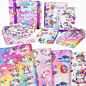 THMORT Unicorn Wrapping Paper For Girls kids, Barbie, Women. Birthday Wrapping Paper Includes 4 Princess Pink Designs Of Rainbow, Star, Diamond, Happy Lovely cute for Holidays Baby Shower Party, glitter shine 12 thick Sheets Folded Flat 20 × 29 Inches