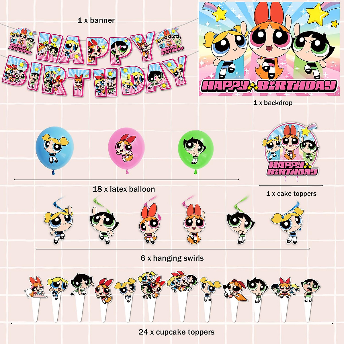 Girls Birthday Party Decorations Set, Girls Happy Birthday Banner, Cupcake Toppers, Balloons for Kids Birthday Party Supplies, Cute Girls Party Decorations for Birthday Party Baby Shower