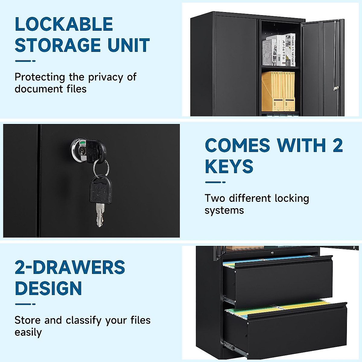 2-Drawer Metal File Cabinet, Lateral Vertical Filing Cabinets for Home Office, Locking File Cabinet with Storage Shelves, Legal/Letter/A4 Size Office File Cabinet, (Black, Assemble Required)