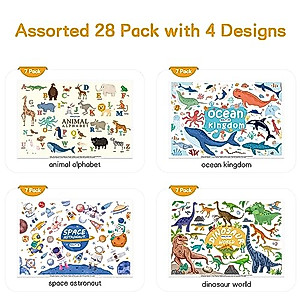 Disposable Placemats for Baby, Maliton Kids Placemats for Dining Table, Restaurants, Travel, 12" x 18" Baby Place Mats with 4 Designs, 28 Pack Waterproof Stick-On Mats for Toddler(Individual Package)