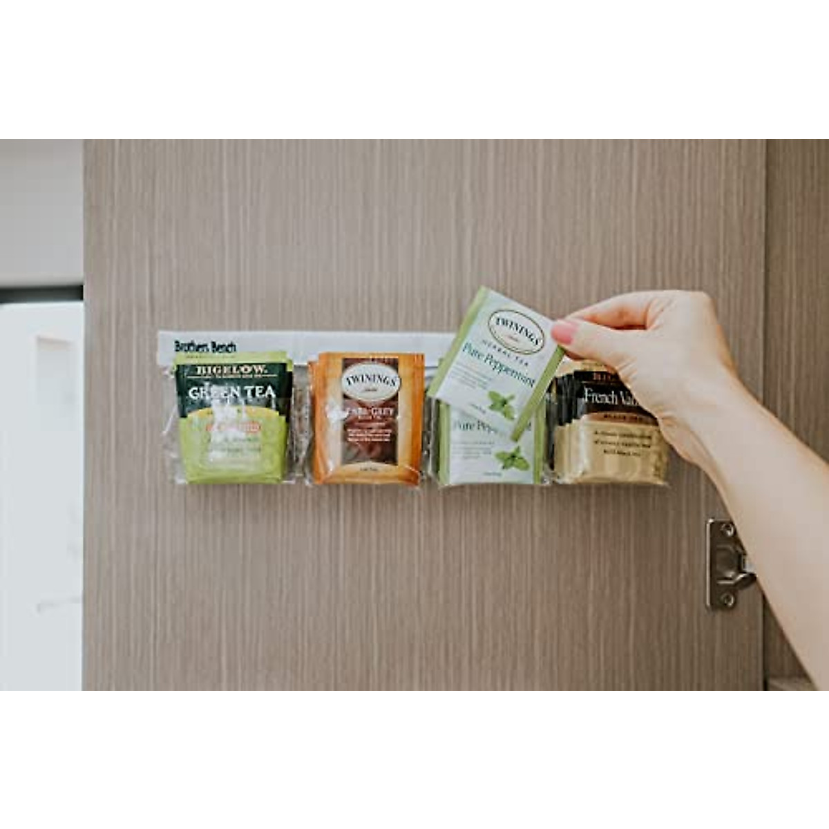 Clear Tea Bag Organizer Holds up to 52 Tea Bags, Tea Organizer Tea Box Alternative with 3M Strips for Storage Cabinet & Kitchen Pantry Doors, Drawer Organizer, Tea Bag Holder is 13.00 x 3.75 inches