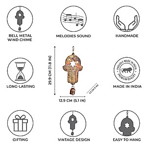 De Kulture Bell Metal Hamsa Wind Chime Hanging Bells for Home Garden Balcony Decor Ideal for New Year Anniversary Birthday Party Decoration (Brown), 5.10x1x11.8 (LWH) Inches