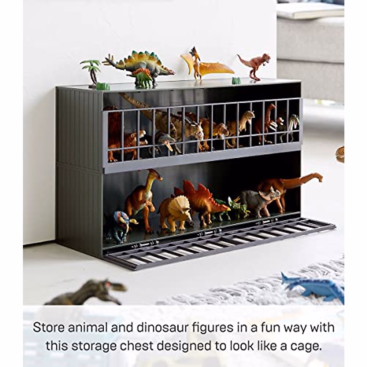 Yamazaki Home Two-Tier Toy Dinosaur and Animal Display Storage Rack, Childrens' Toy Bin Organizer Box, Plastic, Stackable, No Assembly Req.